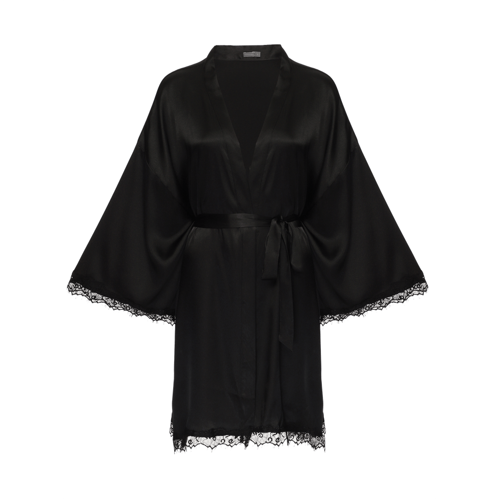 Robe Manga Curta Cetim Renda Angelina Preto - Loungerie